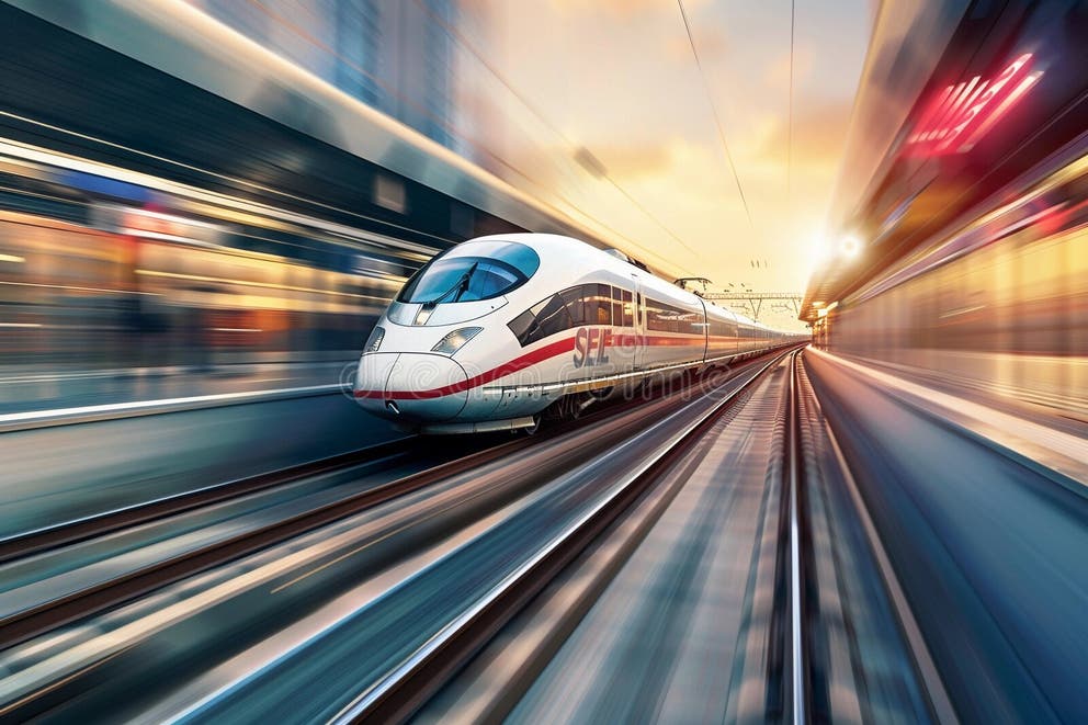 Modern High-speed Train in Fast Motion Passes through Railway Stations ...