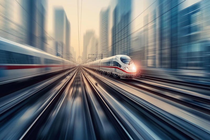 Modern High-speed Train in Fast Motion Passes through Railway Stations ...
