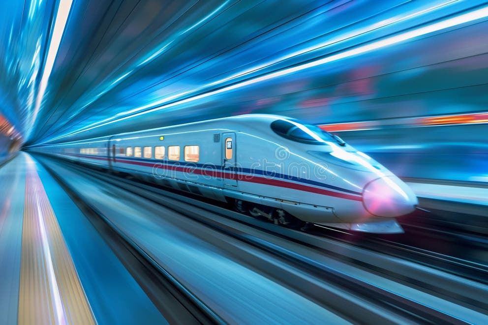 Modern High-speed Train in Fast Motion Passes through Railway Stations ...