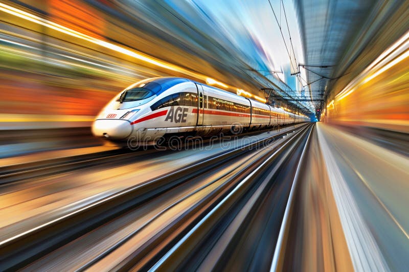 Modern High-speed Train in Fast Motion Passes through Railway Stations ...