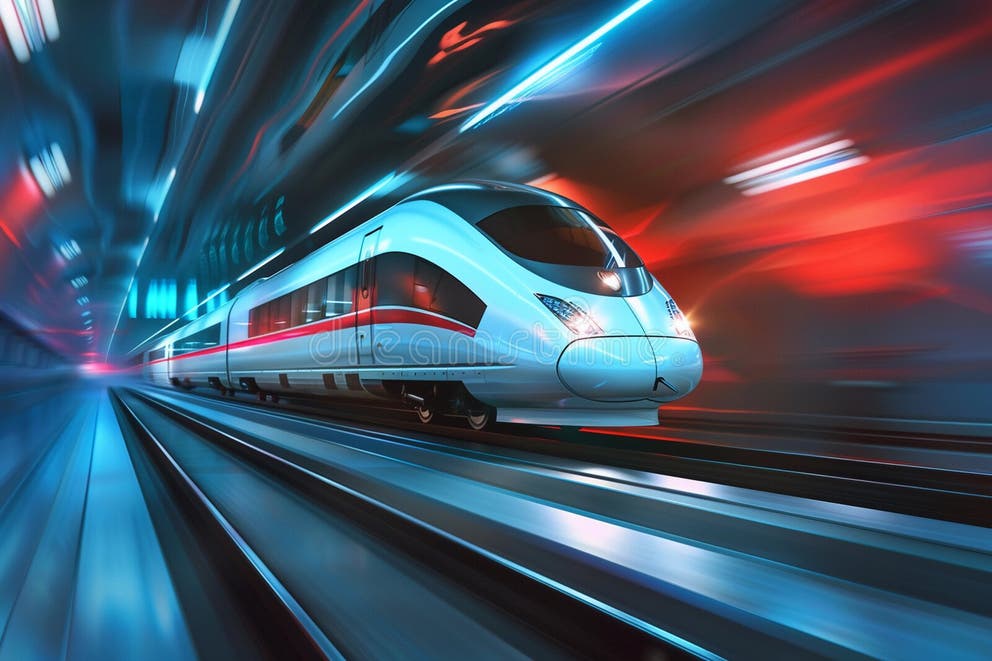 Modern High-speed Train in Fast Motion Passes through Railway Stations ...