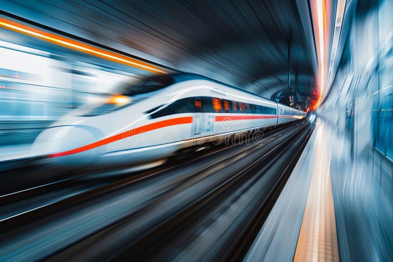 Modern High-speed Train in Fast Motion Passes through Railway Stations ...