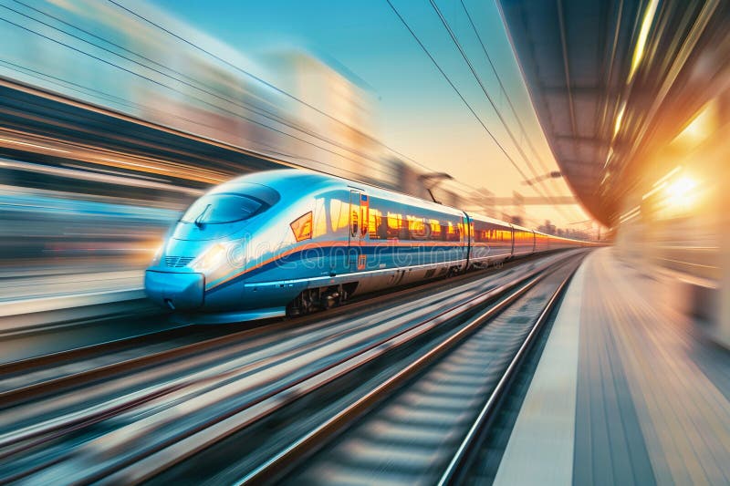 Modern High-speed Train in Fast Motion Passes through Railway Stations ...