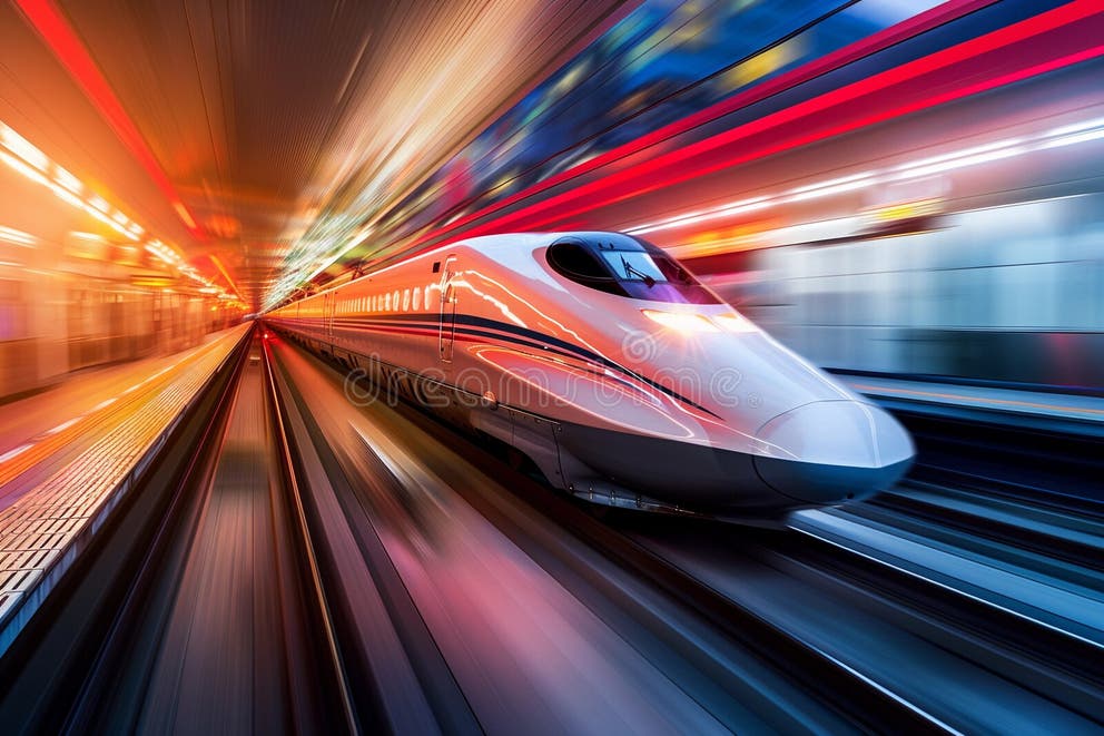 Modern High-speed Train in Fast Motion Passes through Railway Stations ...