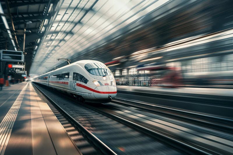 Modern High-speed Train in Fast Motion Passes through Railway Stations ...