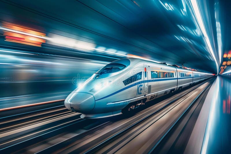 Modern High-speed Train in Fast Motion Passes through Railway Stations ...