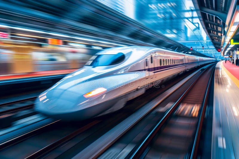 Modern High-speed Train in Fast Motion Passes through Railway Stations ...
