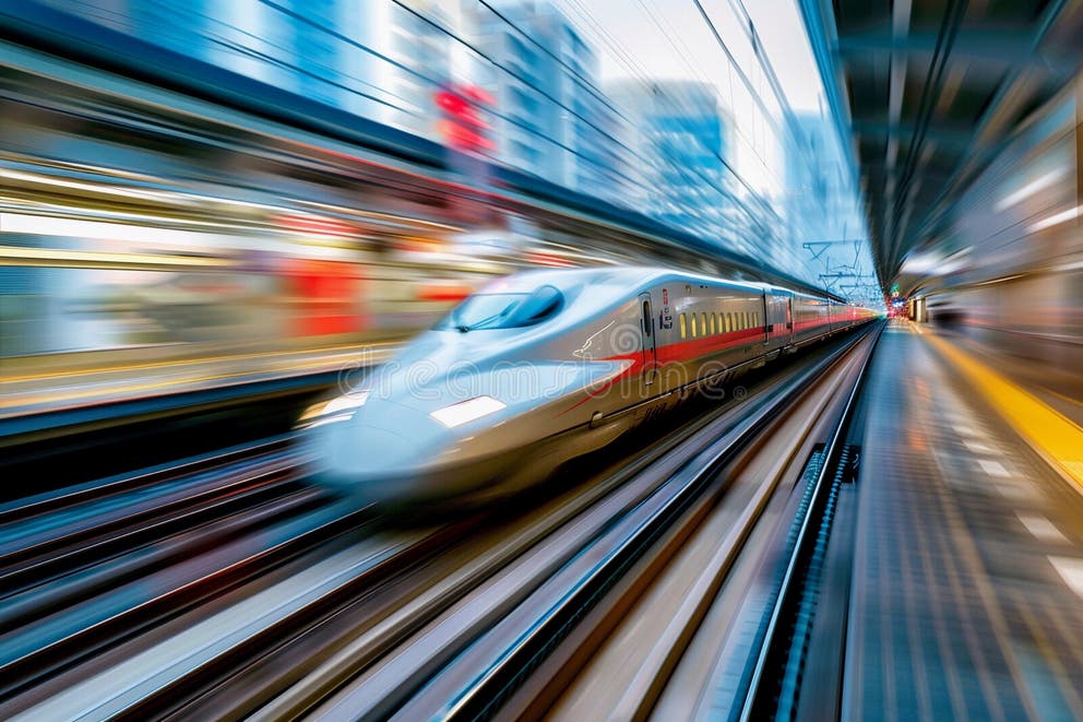 Modern High-speed Train in Fast Motion Passes through Railway Stations ...