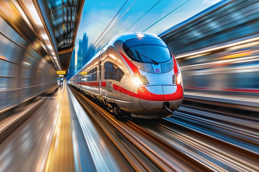 Modern High-speed Train in Fast Motion Passes through Railway Stations ...