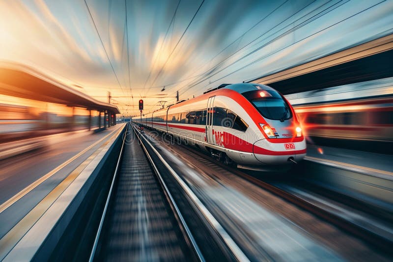 Modern High-speed Train in Fast Motion Passes through Railway Stations ...