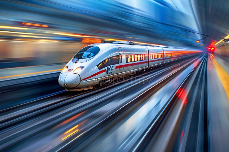 Modern High-speed Train in Fast Motion Passes through Railway Stations ...