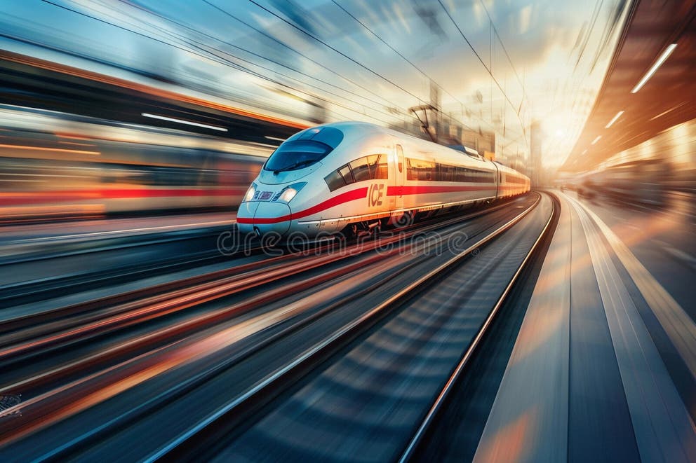 Modern High-speed Train in Fast Motion Passes through Railway Stations ...