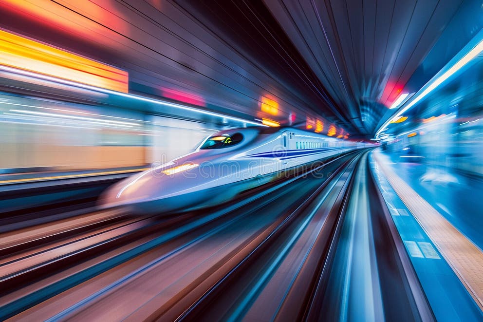Modern High-speed Train in Fast Motion Passes through Railway Stations ...