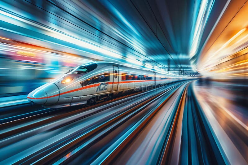 Modern High-speed Train in Fast Motion Passes through Railway Stations ...
