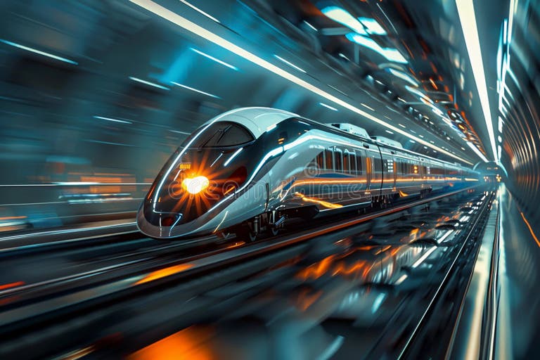 Modern High-speed Train in Fast Motion Passes through Railway Stations ...