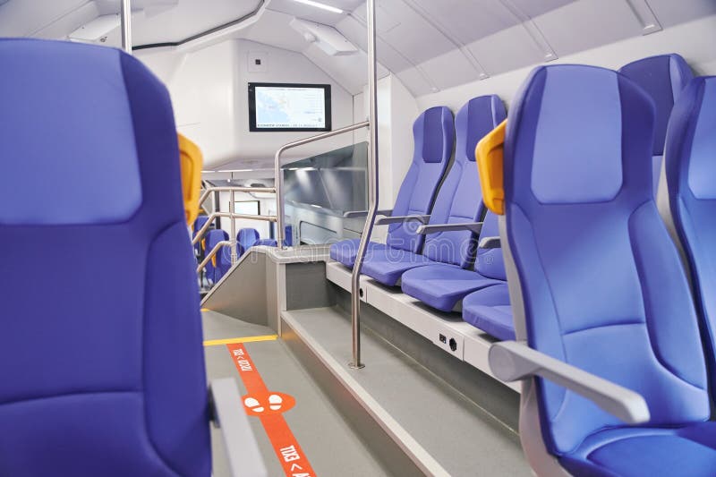 Modern High Speed Train Interior with Empty Blue Seats Stock Photo ...
