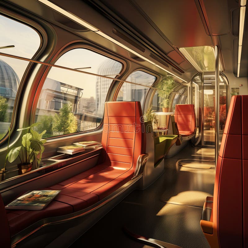Modern High-Speed Train Interior with Red Seats and Panoramic Windows ...