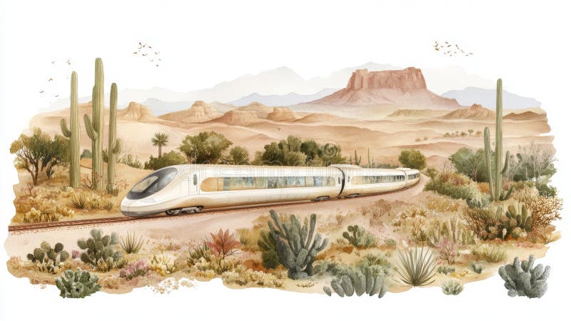 Modern High-speed Train Journeying through Desert Landscape with Cacti ...