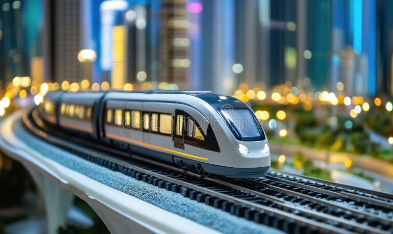 Modern High-speed Train Model on Elevated Track in Urban Cityscape at ...