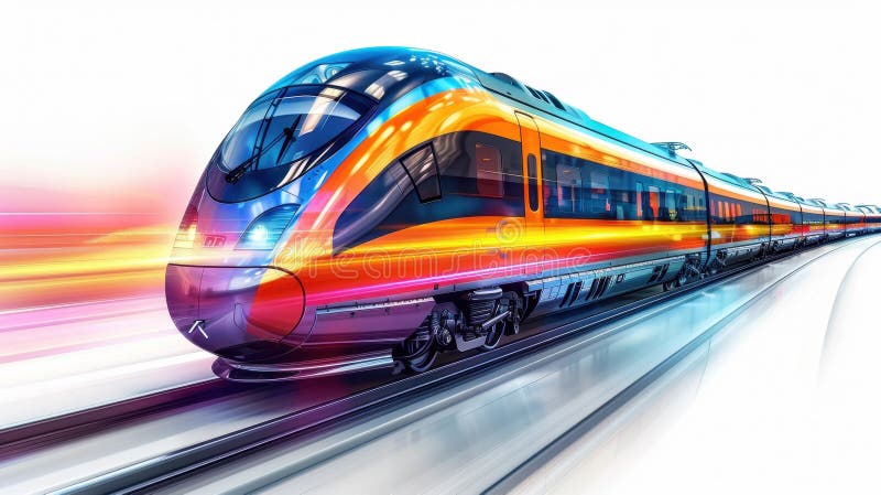 A Modern High-speed Train is Moving Along a Railway Line on a White ...