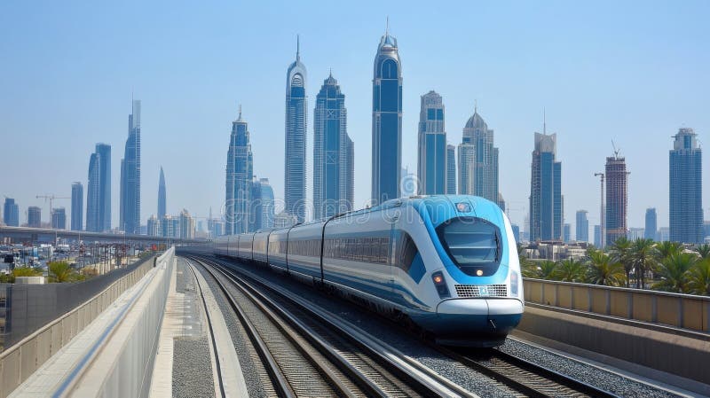 Modern High-speed Train Moving through City Skyline Under Clear Sky ...
