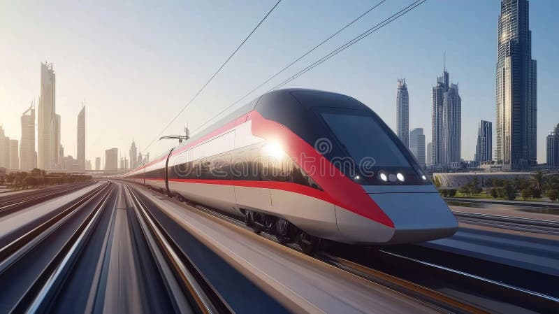 Modern High-speed Train Moving through City Skyline Under Clear Sky ...