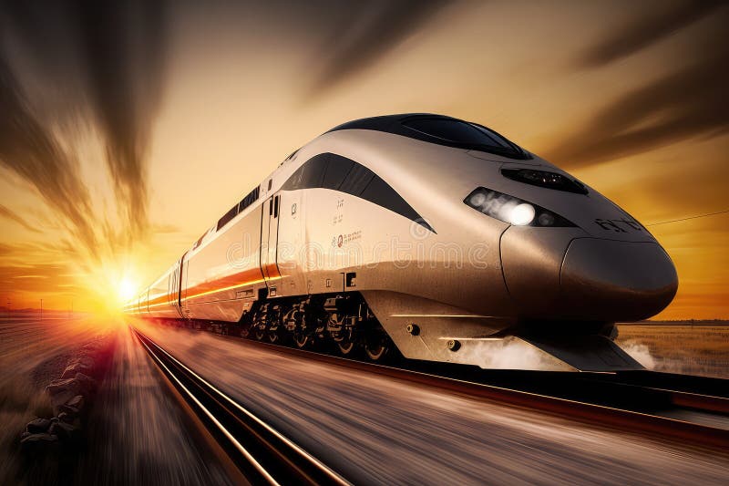 Modern, High-speed Train Racing Past the Setting Sun Stock Illustration ...