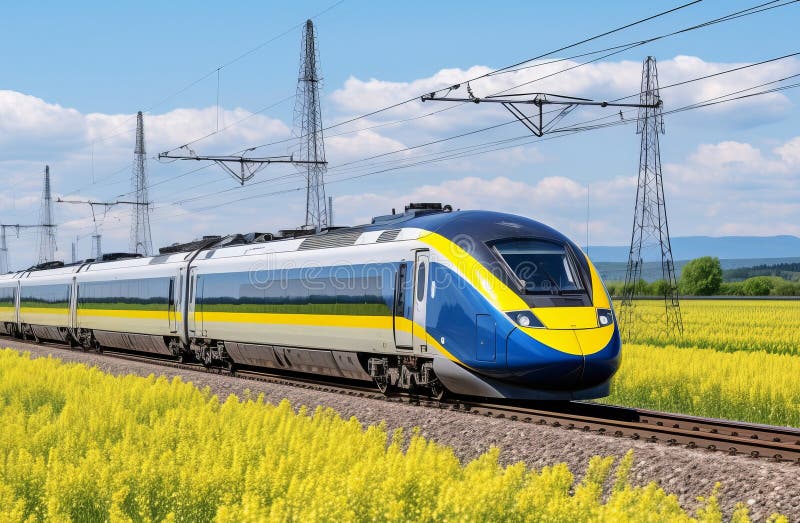 A Modern High-speed Train Runs on the High-speed Rail Outside the City ...