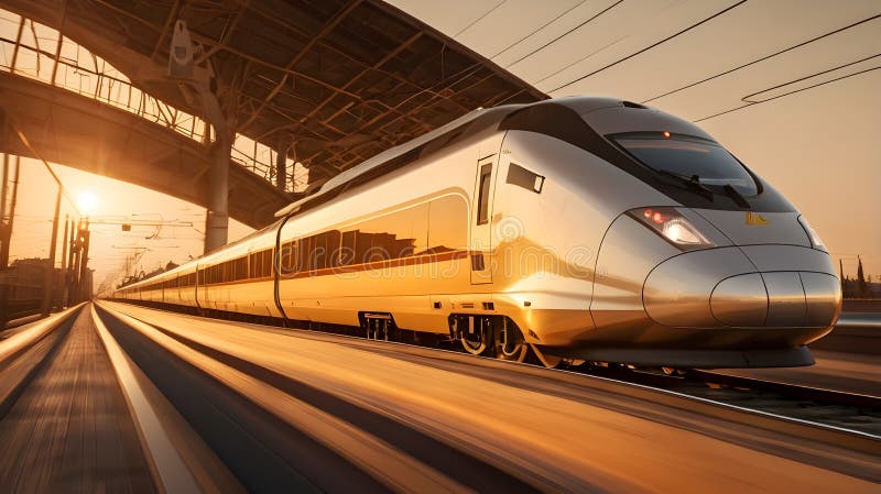Modern High-speed Train Speeding Along Tracks during a Golden Sunset ...