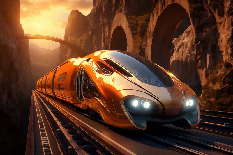 The Modern High-speed Train Travels through the Mountains. Stock ...