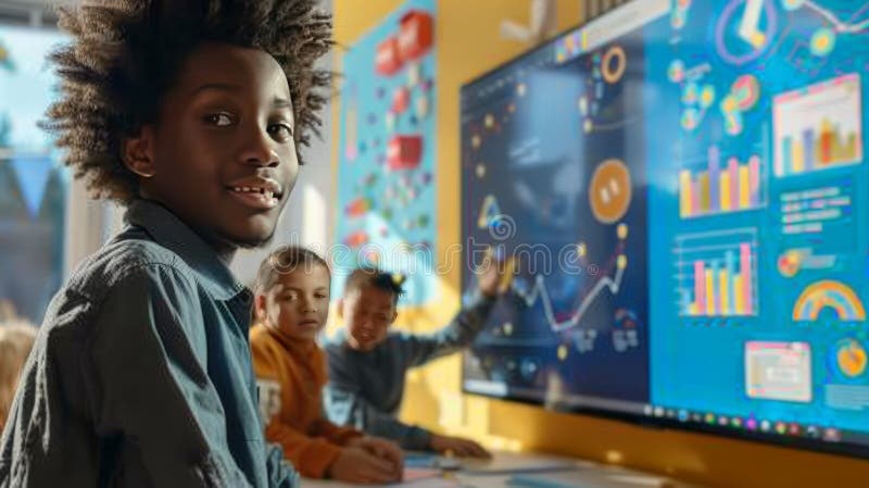 A Modern, High-tech Classroom with a Young, Dynamic Teacher Using Interactive Digital Tools ...