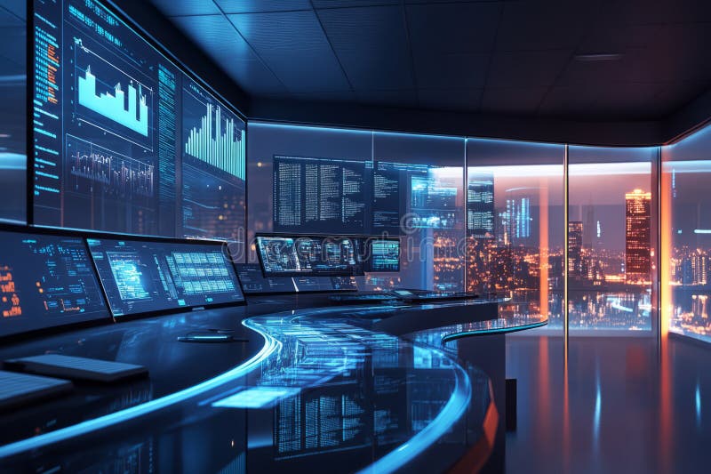 A Modern High-tech Control Center 3D Background Room with an Expansive ...