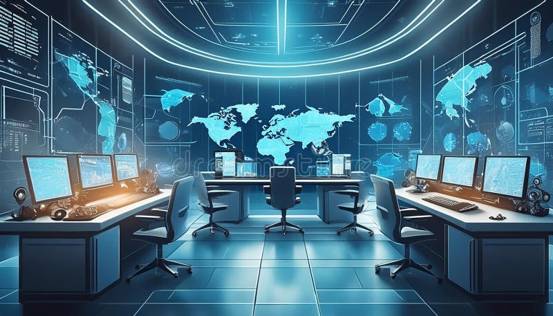 A Modern, High-tech Control Room with Glowing Screens and a Central ...