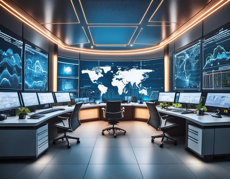A Modern, High-tech Control Room with Glowing Screens and a Central ...