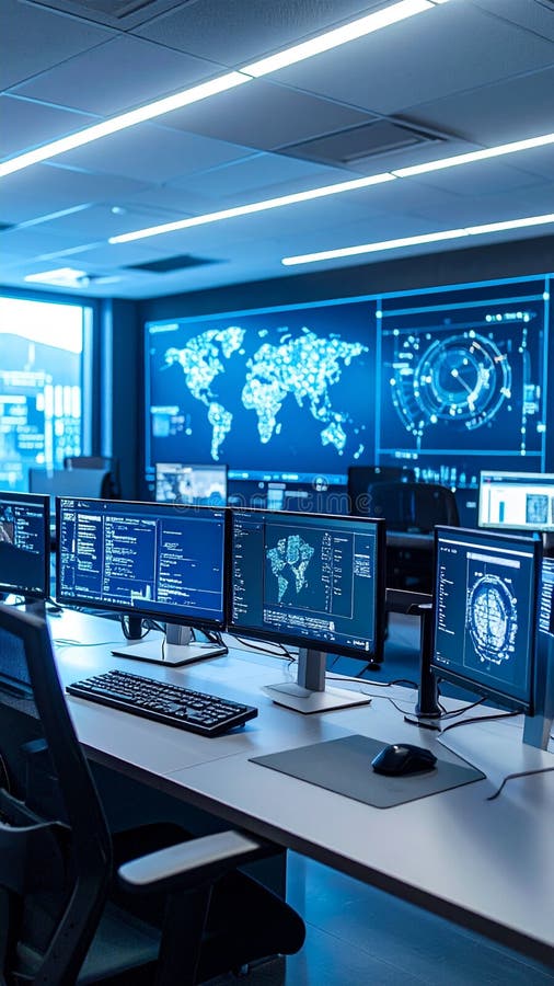 Modern High Tech Control Room with Multiple Monitors Displaying Global ...
