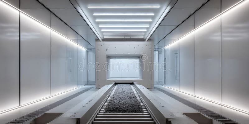 Modern High-tech Corridor with a Central Conveyor Belt Transporting ...