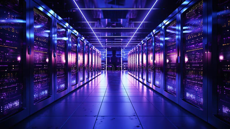 A Modern High-tech Data Center with Several Rows of Working Servers in ...