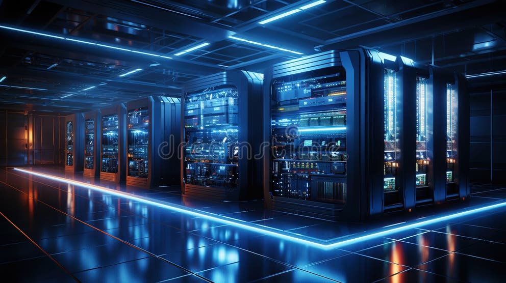 A Modern High-tech Data Center with Several Rows of Working Servers in ...
