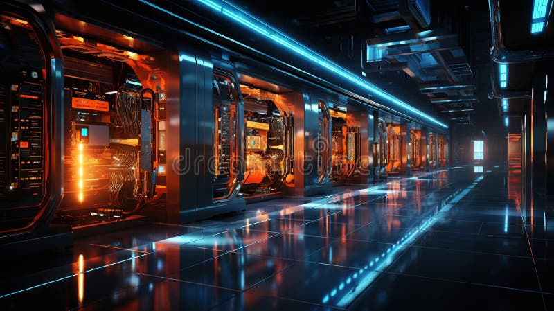 A Modern High-tech Data Center with Several Rows of Working Servers in ...