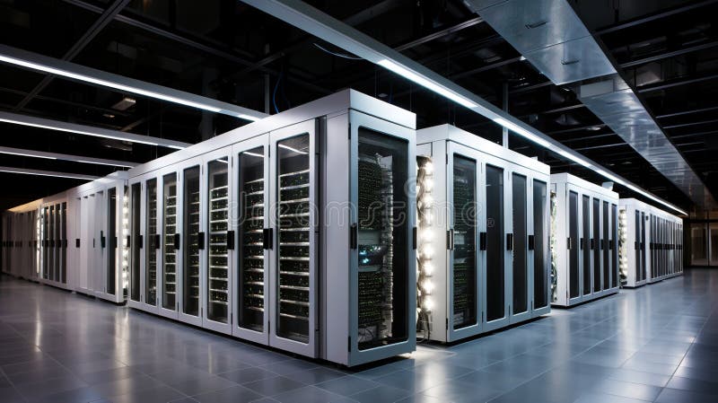A Modern High-tech Data Center with Several Rows of Working Servers in ...