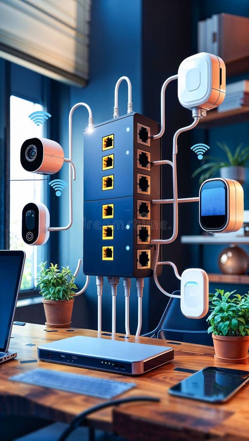 Modern High-Tech Home Office with Network Switch and Smart Devices ...