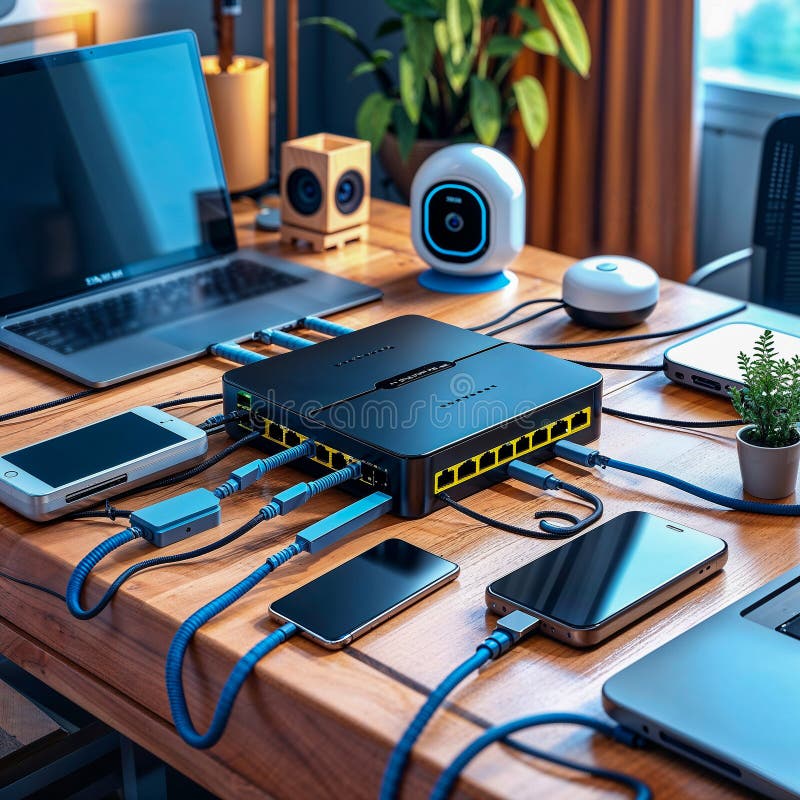 Modern High-Tech Home Office with Network Switch and Smart Devices ...