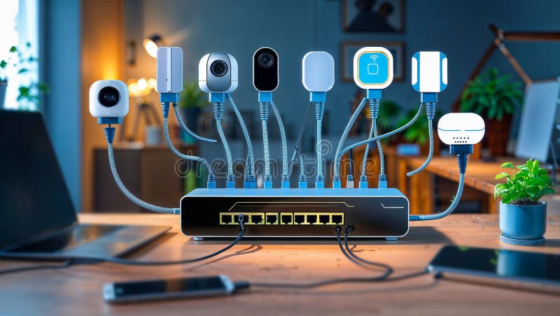 Modern High-Tech Home Office with Network Switch and Smart Devices ...