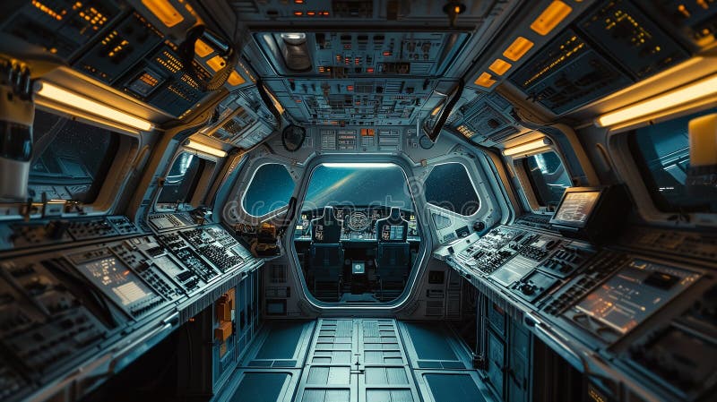 A Modern, High-tech Interior of a Spaceship Featuring Multiple Computer ...