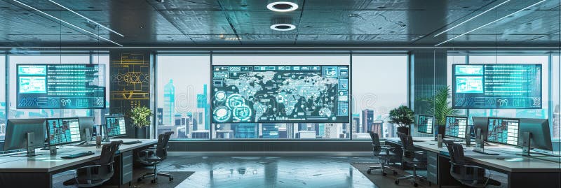 A Modern, High-tech Marketing Office Featuring Large Screens Displaying AI Algorithms Analyzing ...
