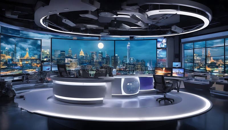 Modern High-Tech News Studio with Panoramic Cityscape at Night Stock ...