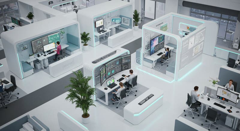 A Modern, High-tech Office with a Futuristic Design Features Multiple ...