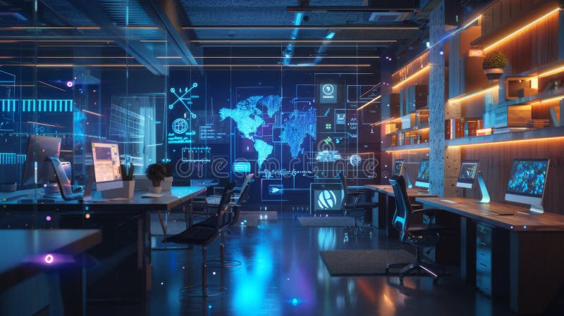 Futuristic Office Interior with Digital Screens and Holograms Stock ...