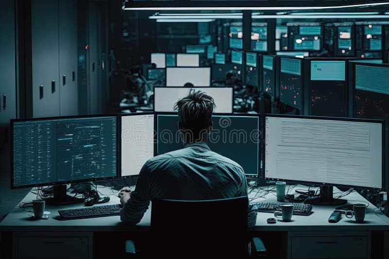 A Modern High-tech Office, Young Man Working at Computer, with Many ...