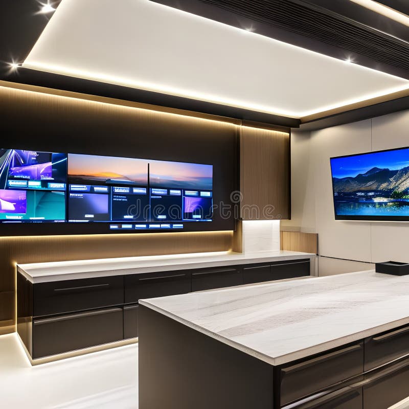 A Modern, High-tech Smart Home Control Room with Touchscreen Panels and ...